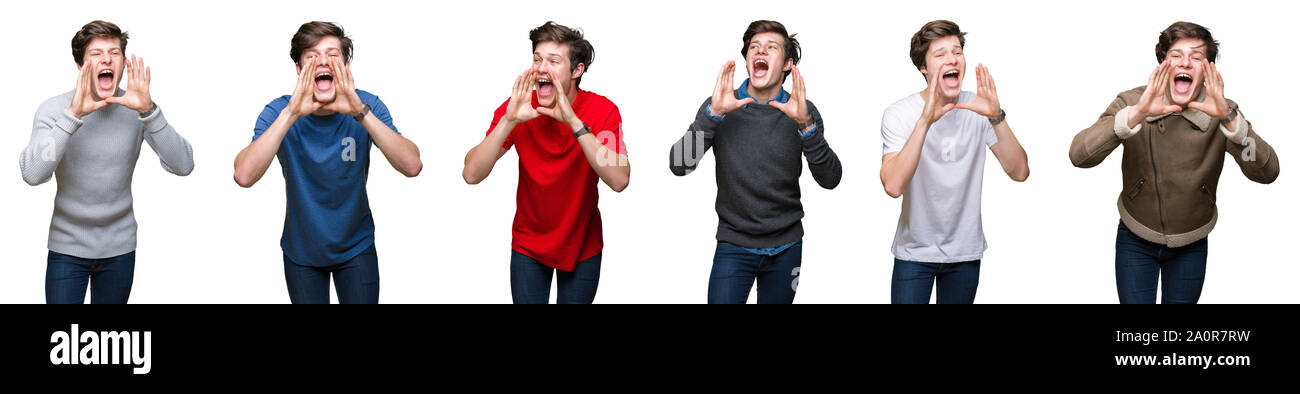 Collage of young man over white isolated background Shouting angry out ...
