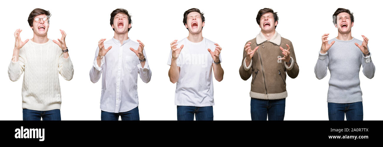 Collage of young man over white isolated background crazy and mad ...