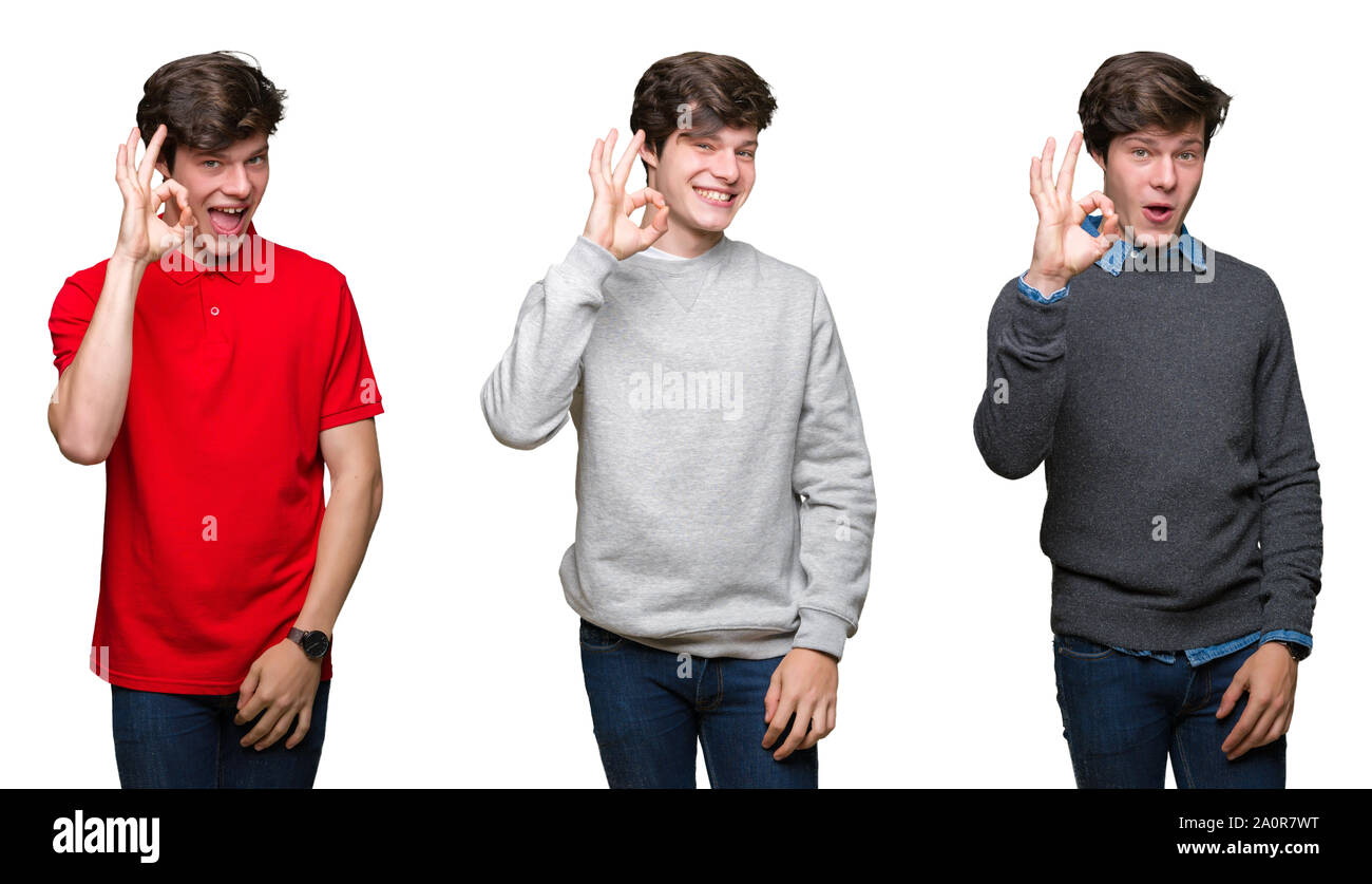 Collage of young man over white isolated background smiling positive ...