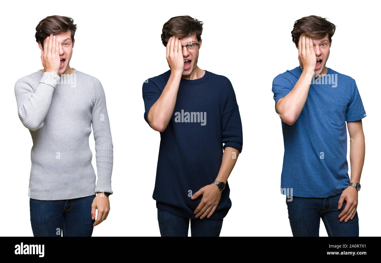 Collage of young man over white isolated background covering one eye ...