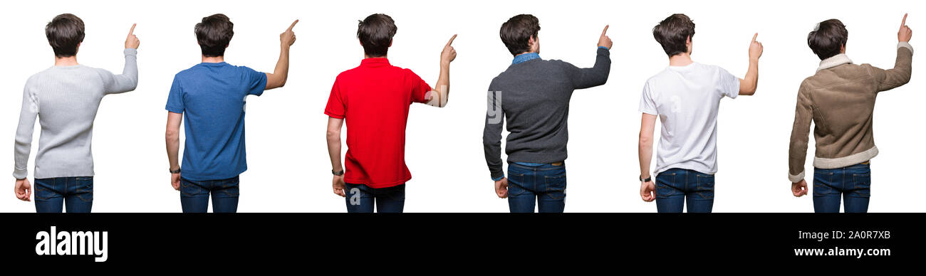 Collage of young man over white isolated background Posing backwards ...