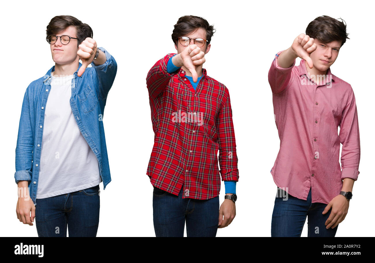 Collage of young man over white isolated background looking unhappy and ...