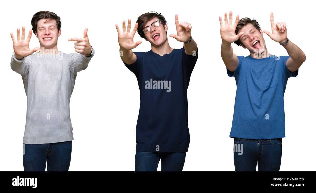 Collage of young man over white isolated background showing and ...