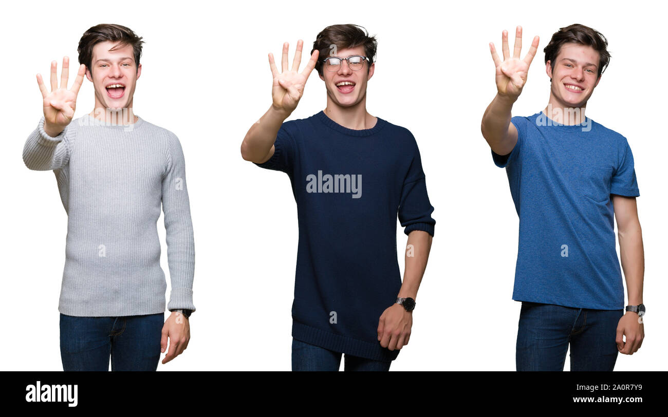 Collage of young man over white isolated background showing and ...