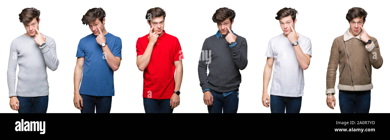 Collage of young man over white isolated background Pointing to the eye ...