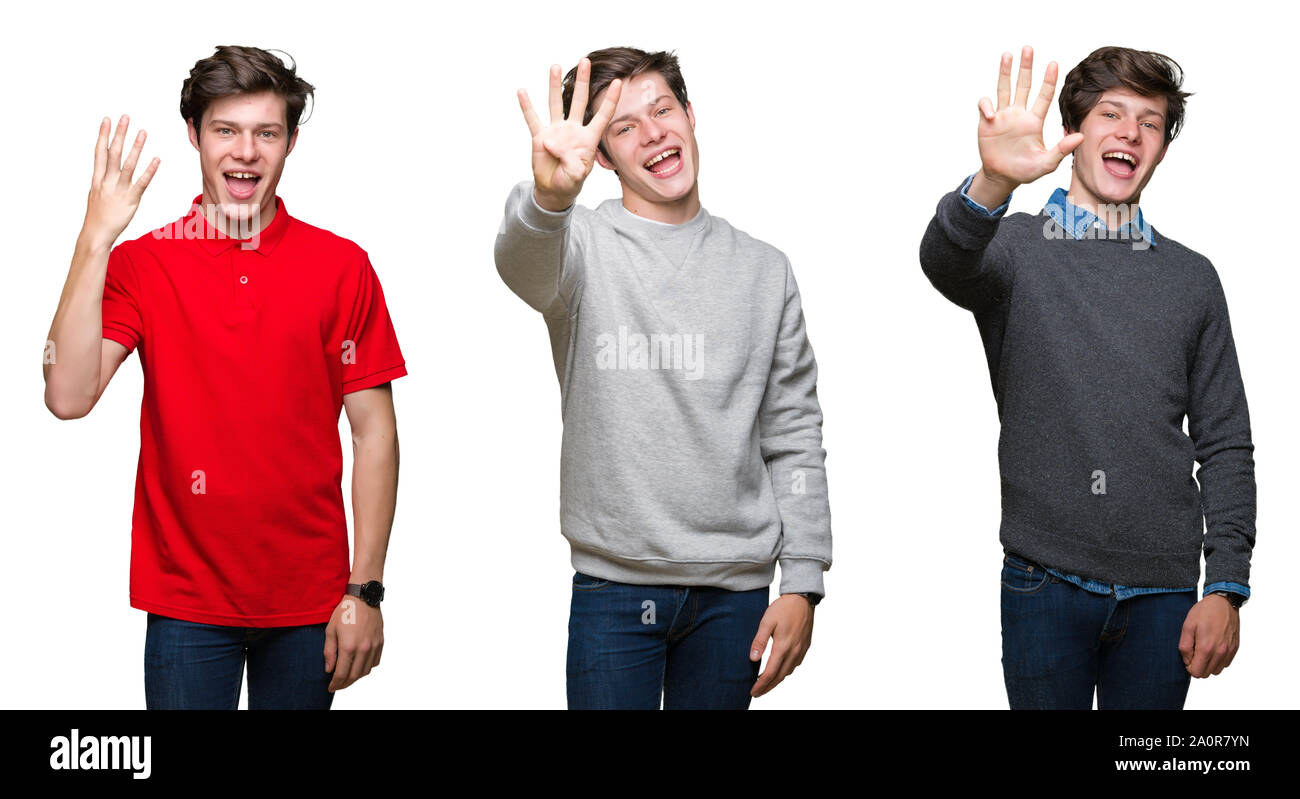 Collage of young man over white isolated background showing and ...