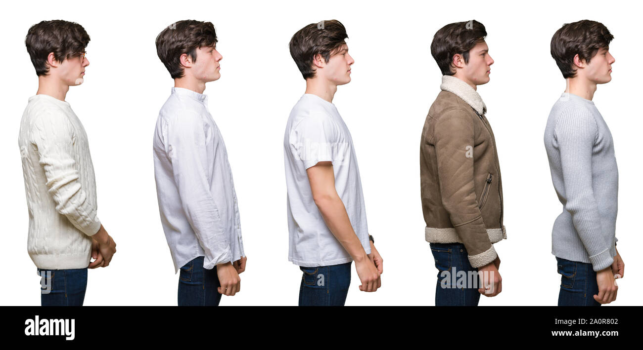 Collage of young man over white isolated background looking to side ...