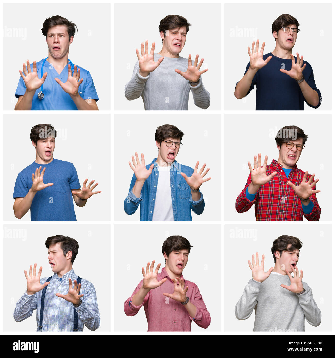Collage of young man over white isolated background afraid and ...