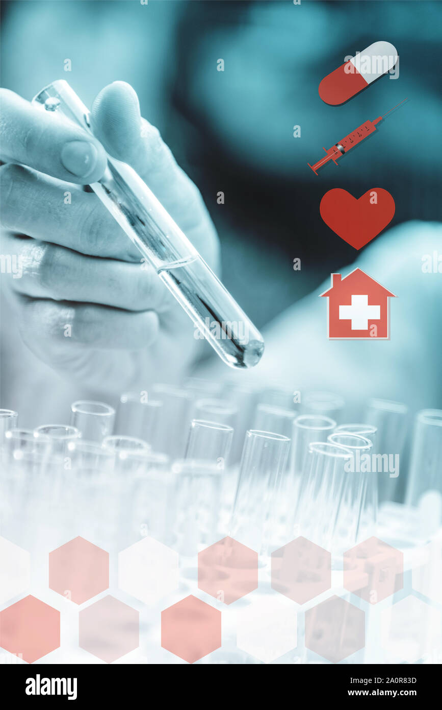 Medical Healthcare Concept. Lab science research glass items with ...