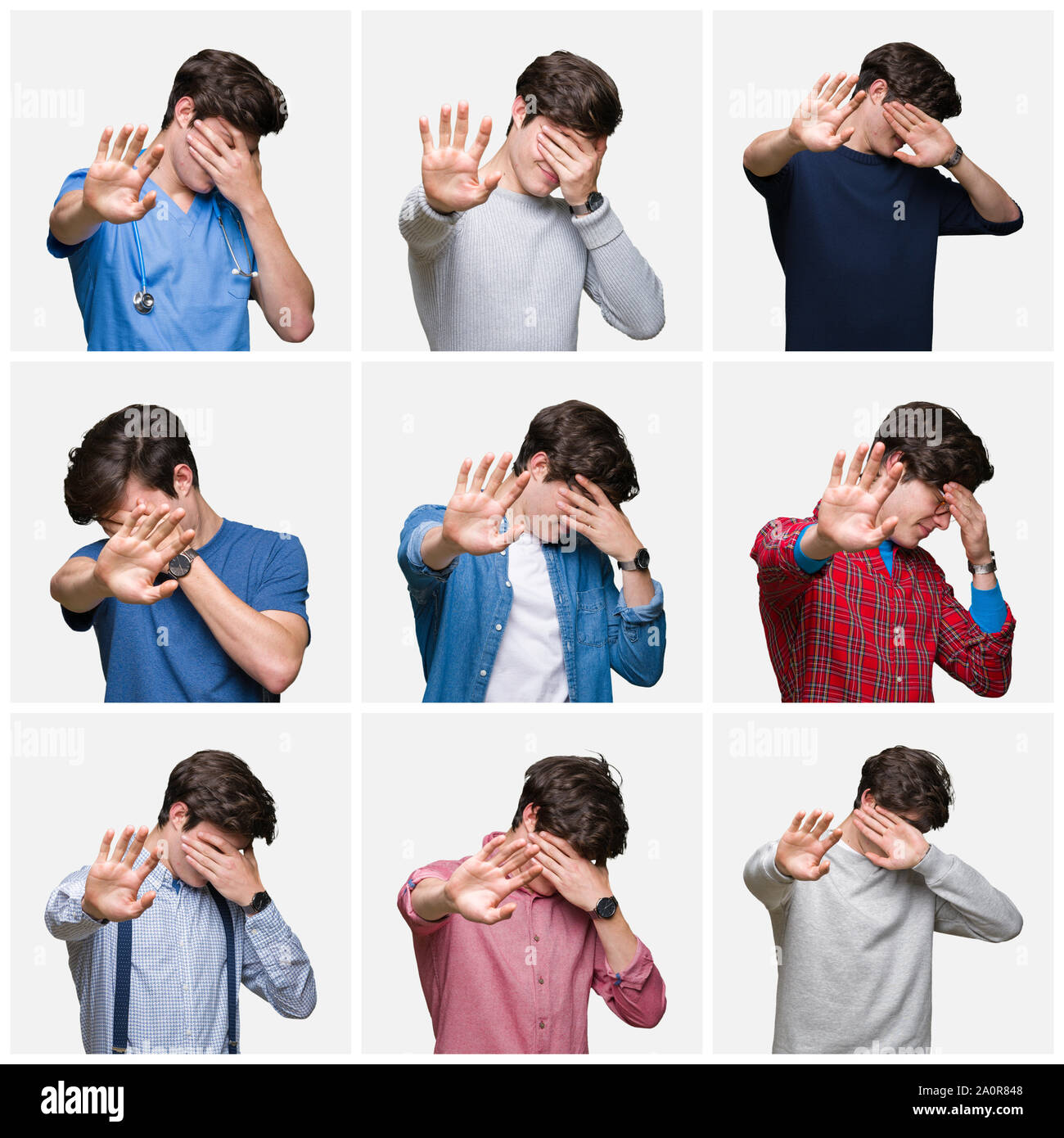 Collage of young man over white isolated background covering eyes with ...
