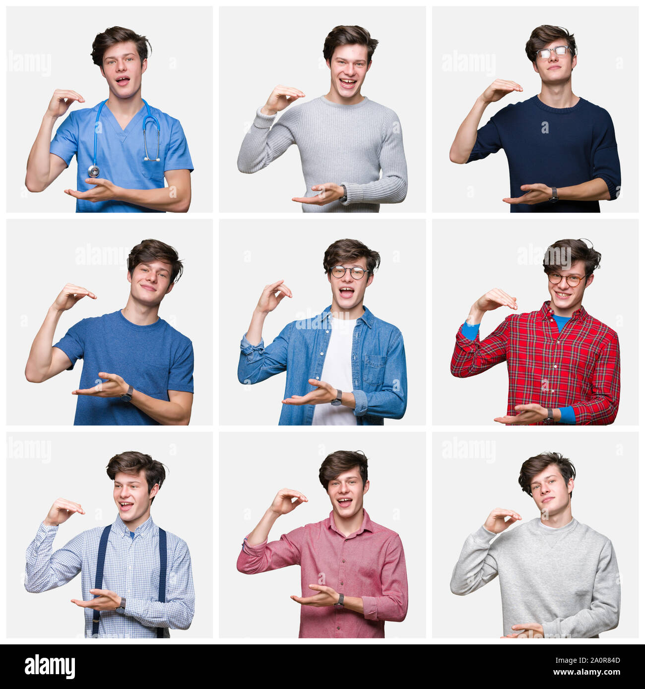 Collage of young man over white isolated background gesturing with ...