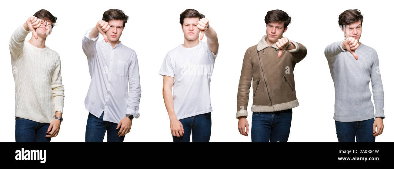 Collage of young man over white isolated background looking unhappy and ...