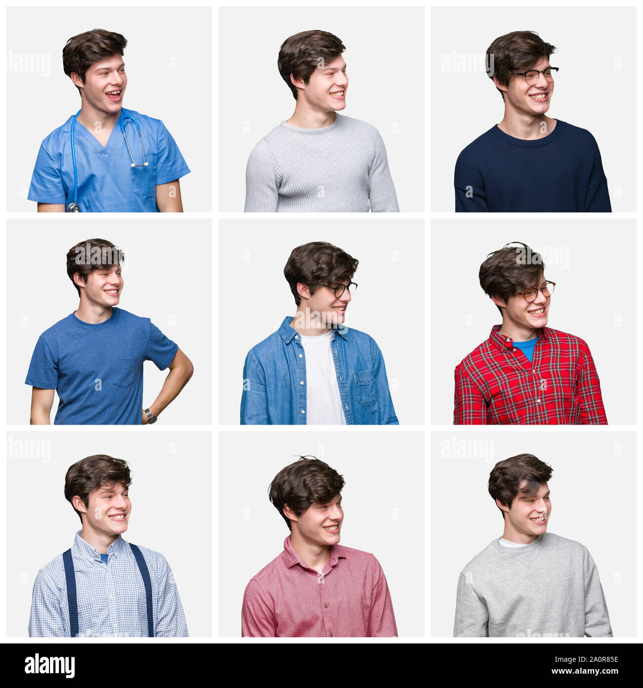 Collage of young man over white isolated background looking away to ...