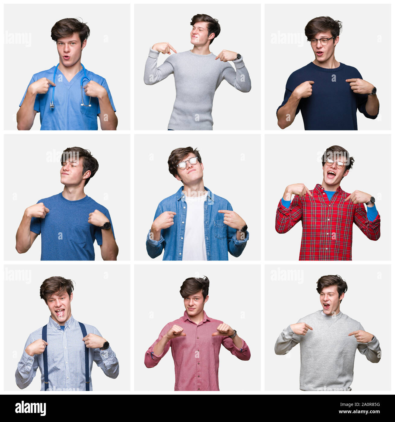 Collage of young man over white isolated background looking confident ...