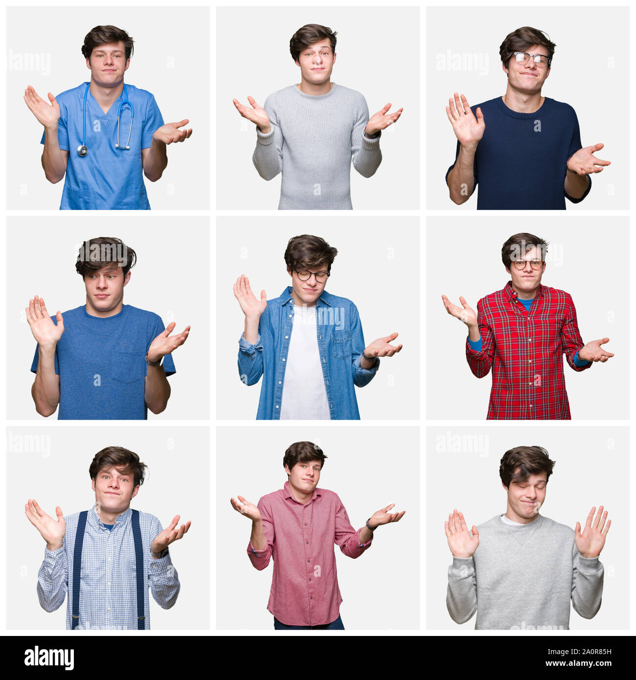 Collage of young man over white isolated background clueless and ...