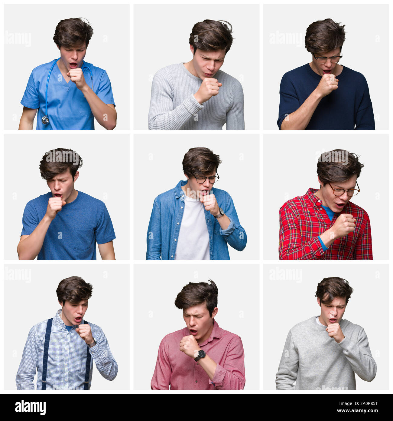Collage of young man over white isolated background feeling unwell and ...