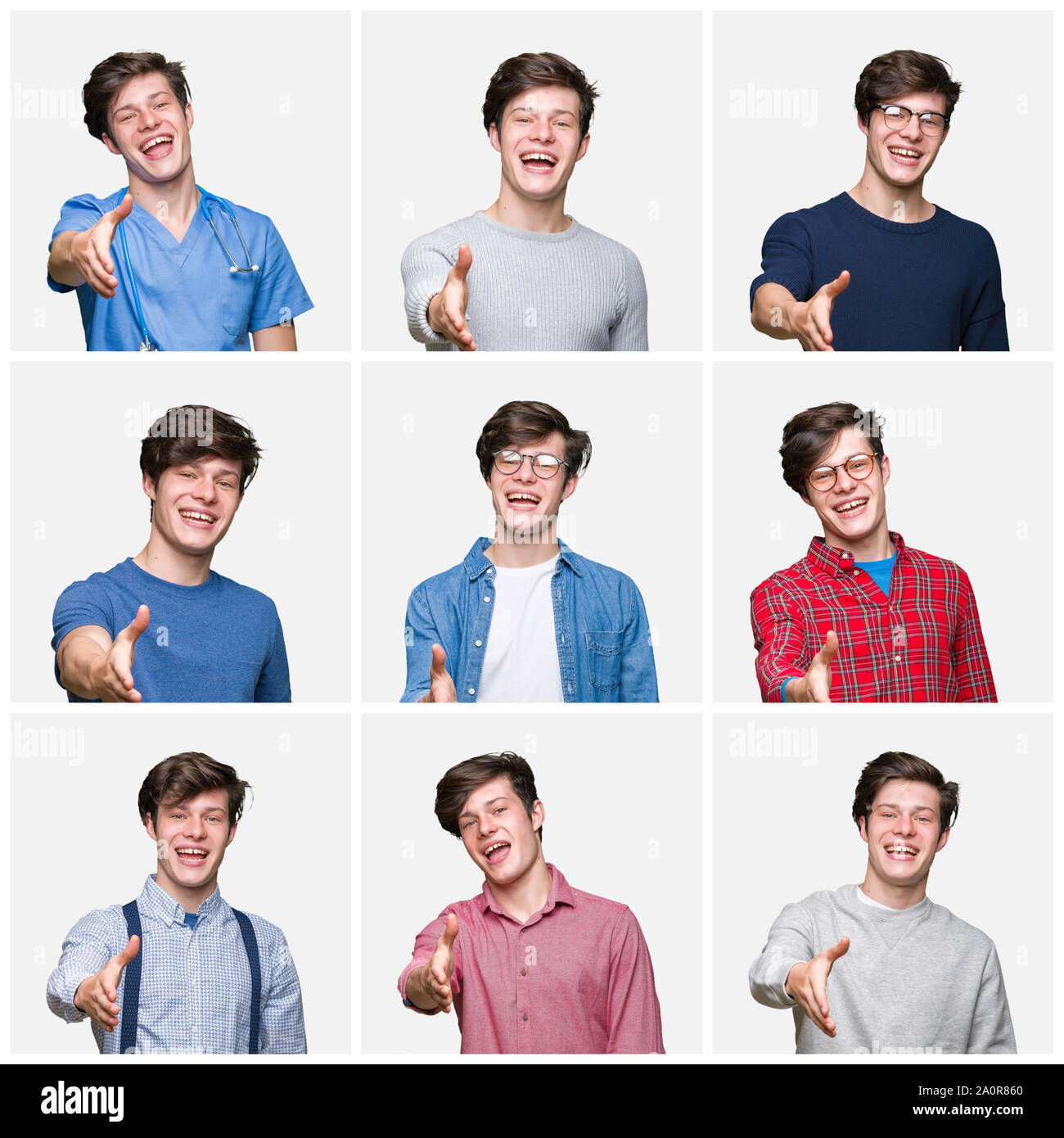 Collage of young man over white isolated background smiling friendly ...