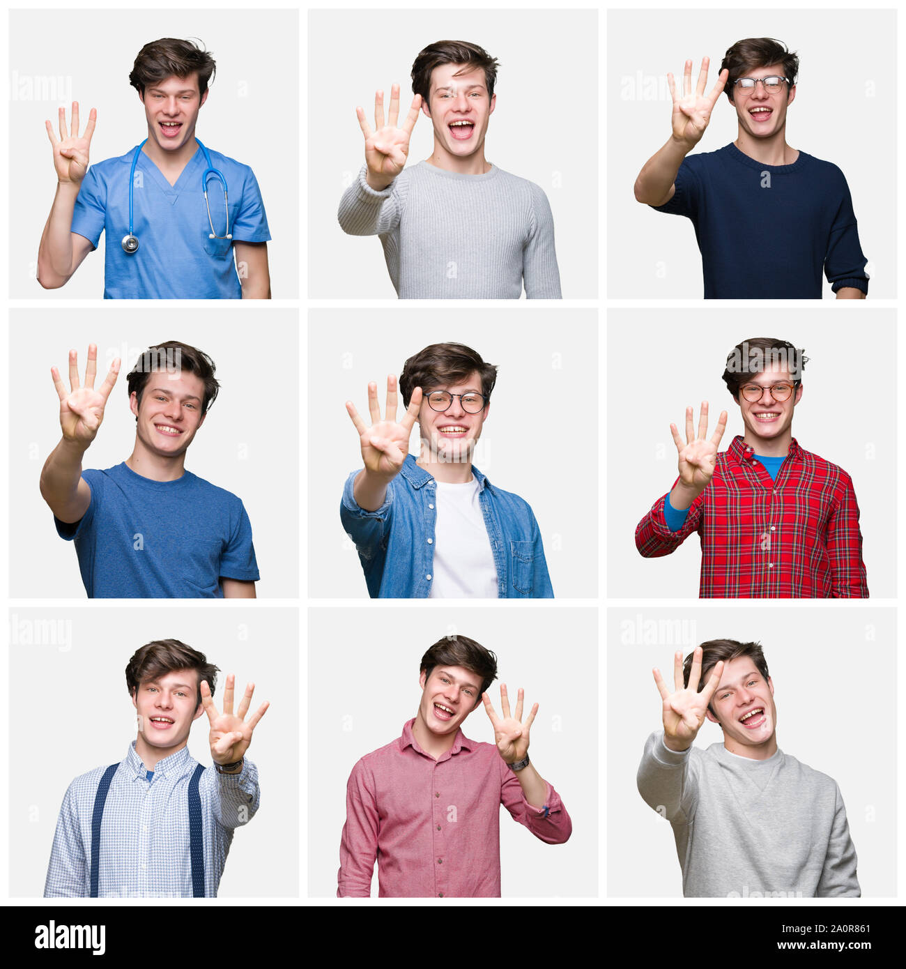 Collage of young man over white isolated background showing and ...