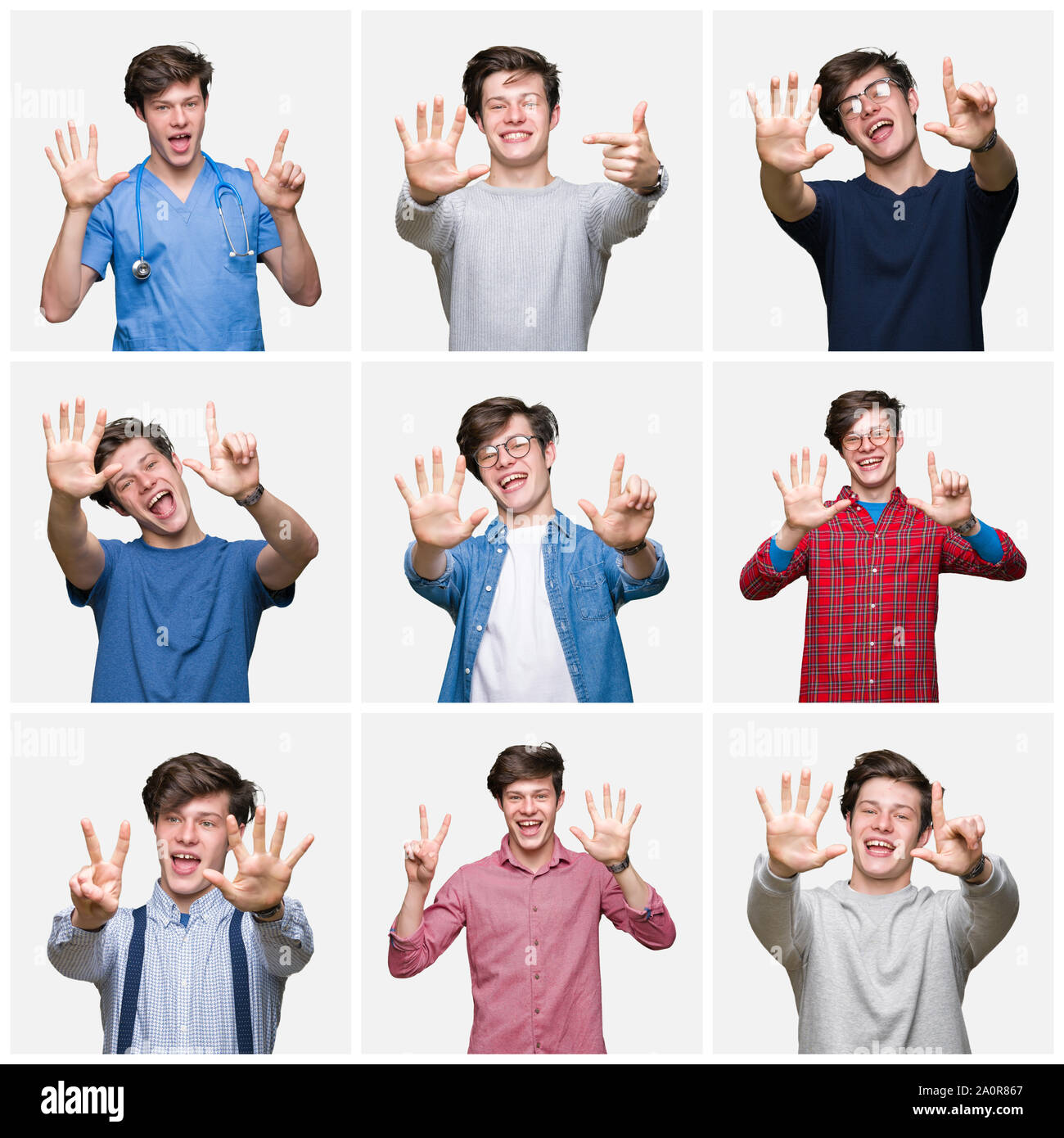 Collage of young man over white isolated background showing and ...
