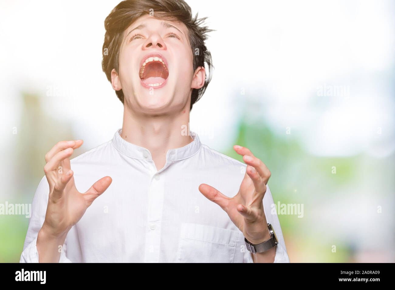 Young handsome business man over isolated background crazy and mad ...