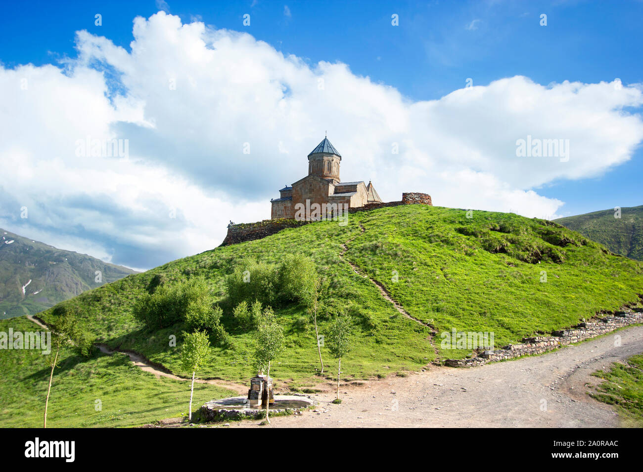 Gergeti Trinity Church, Tsminda Sameba on the hill on Kazbek mountain ...