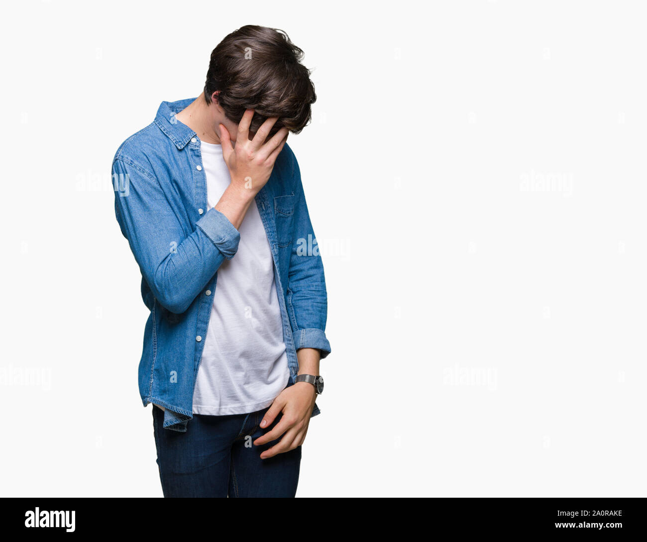 Young handsome man wearing glasses over isolated background with sad ...