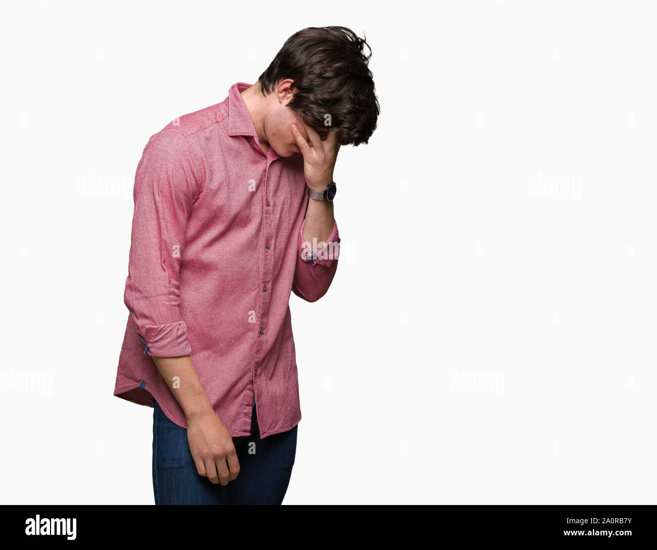 Young handsome business man over isolated background with sad ...