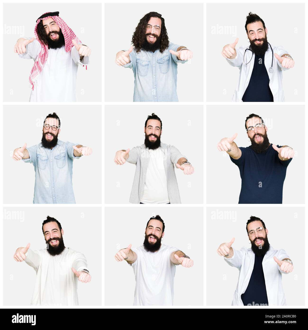 Collage of young man with beard and long hair over white isolated ...