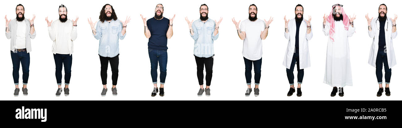 Collage of young man with beard and long hair over white isolated ...