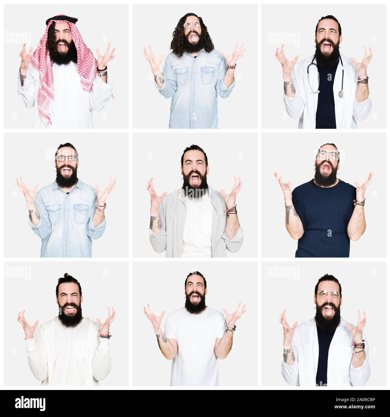 Collage of young man with beard and long hair over white isolated ...