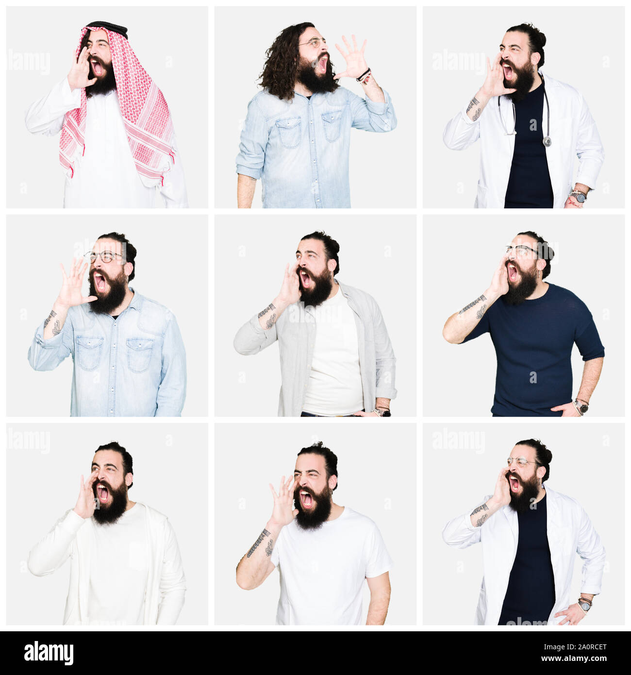 Collage of young man with beard and long hair over white isolated ...
