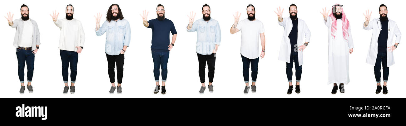 Collage of young man with beard and long hair over white isolated ...