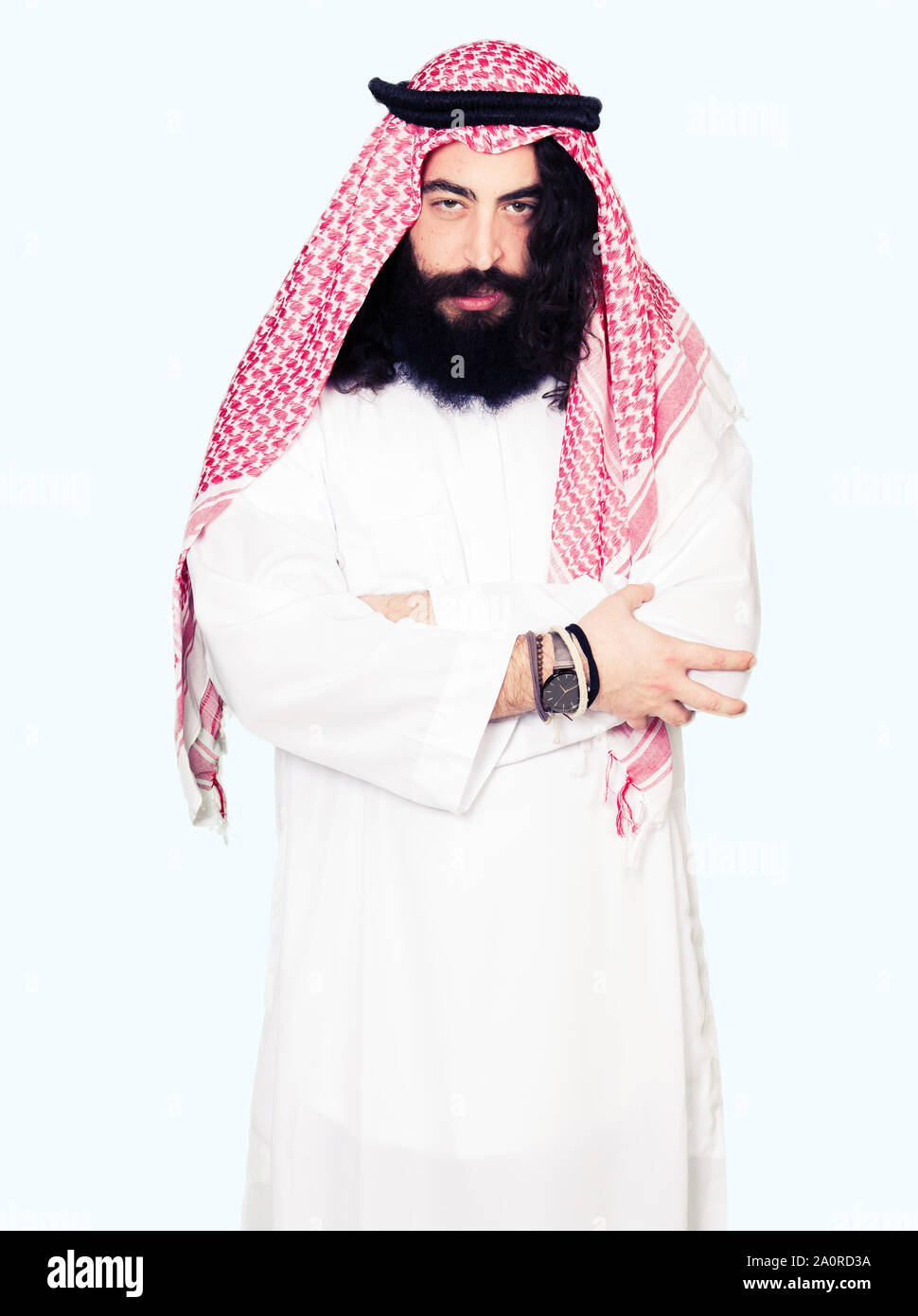 Arabian business man with long hair wearing traditional keffiyeh scarf ...