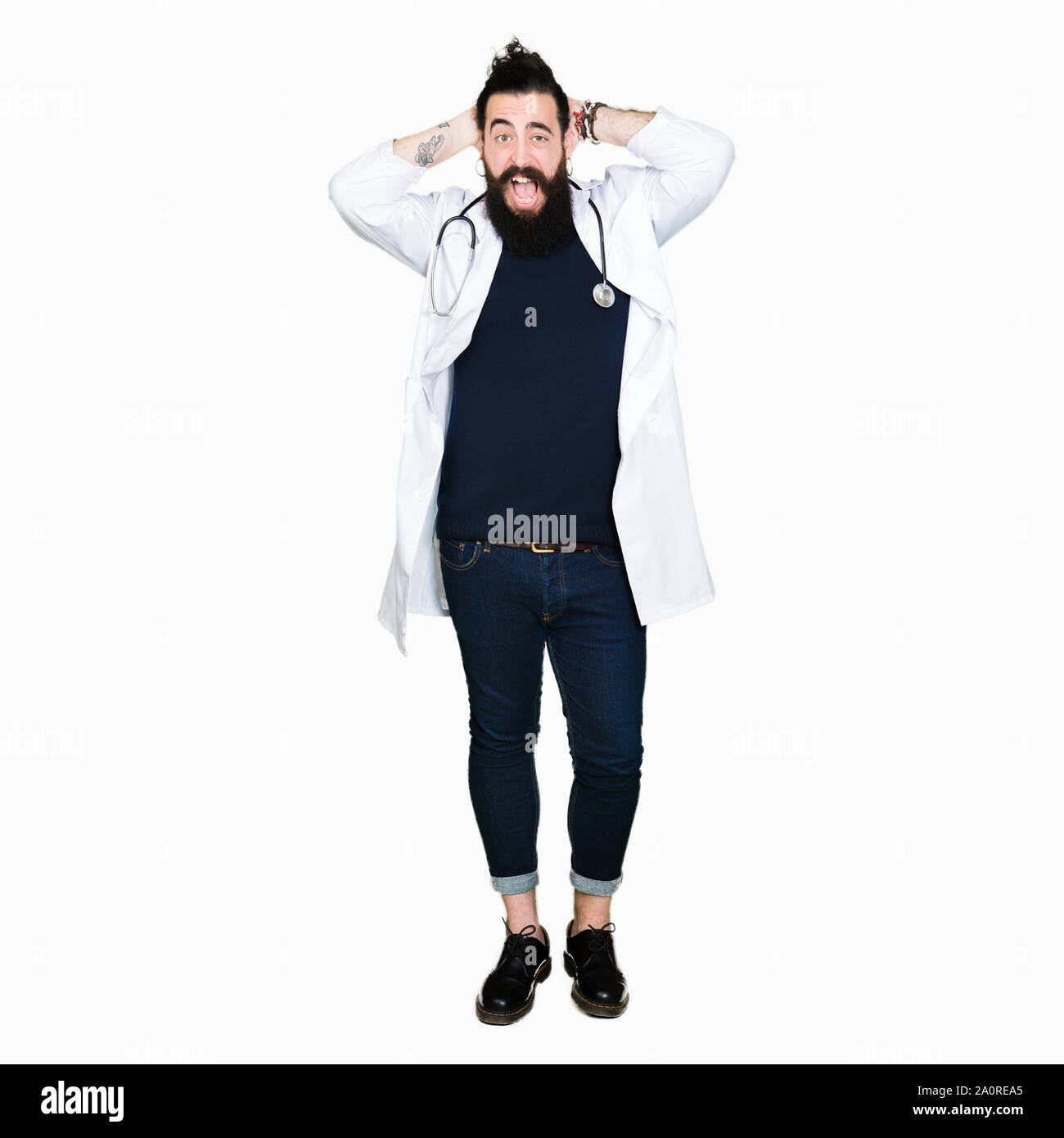 Doctor with long hair wearing medical coat and stethoscope Crazy and ...