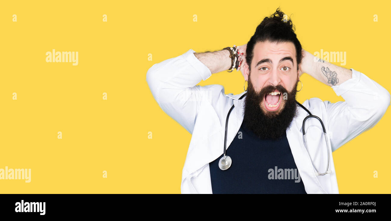 Doctor with long hair wearing medical coat and stethoscope Crazy and ...