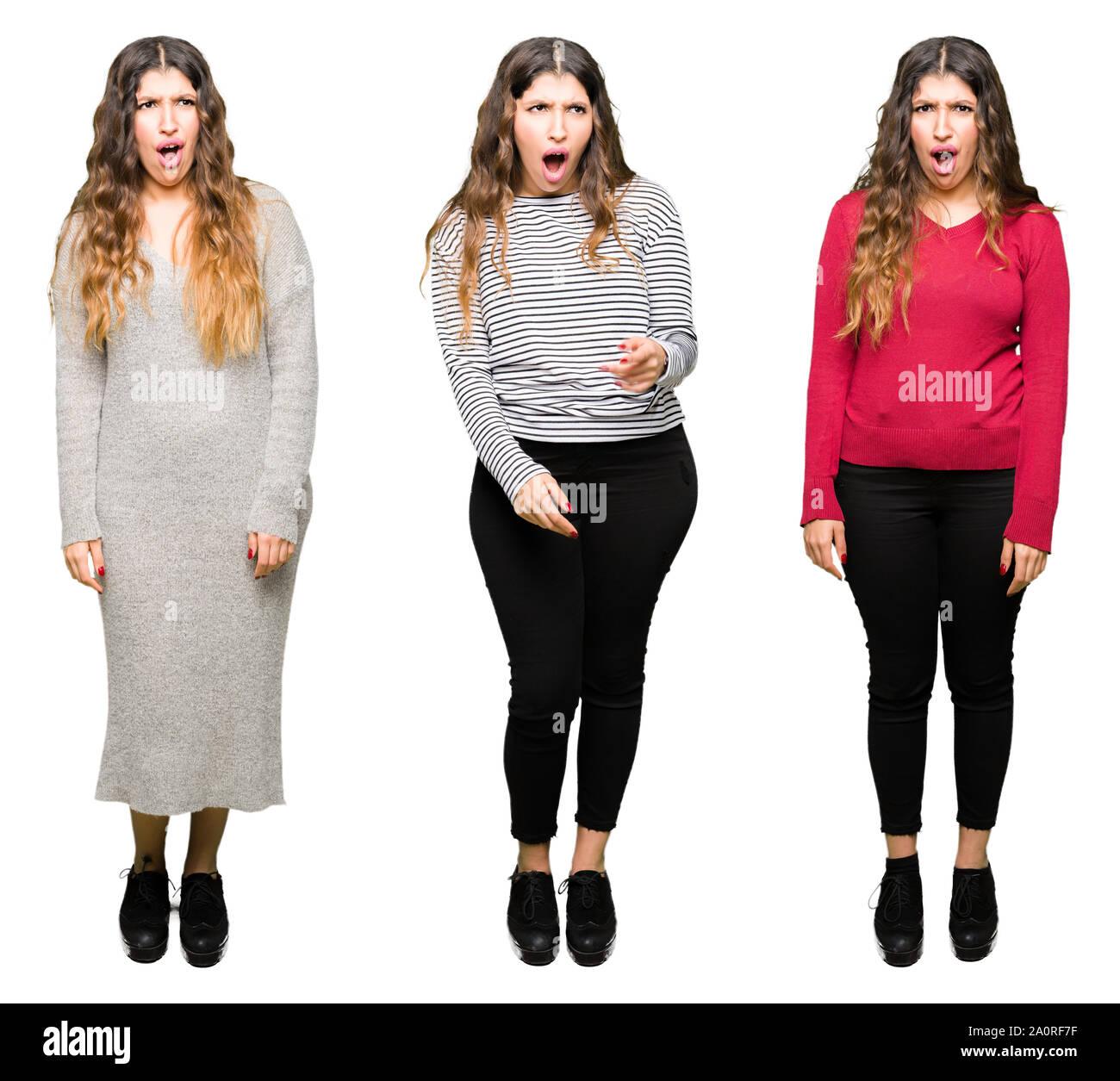 Collage of beautiful young woman over white isolated background In ...