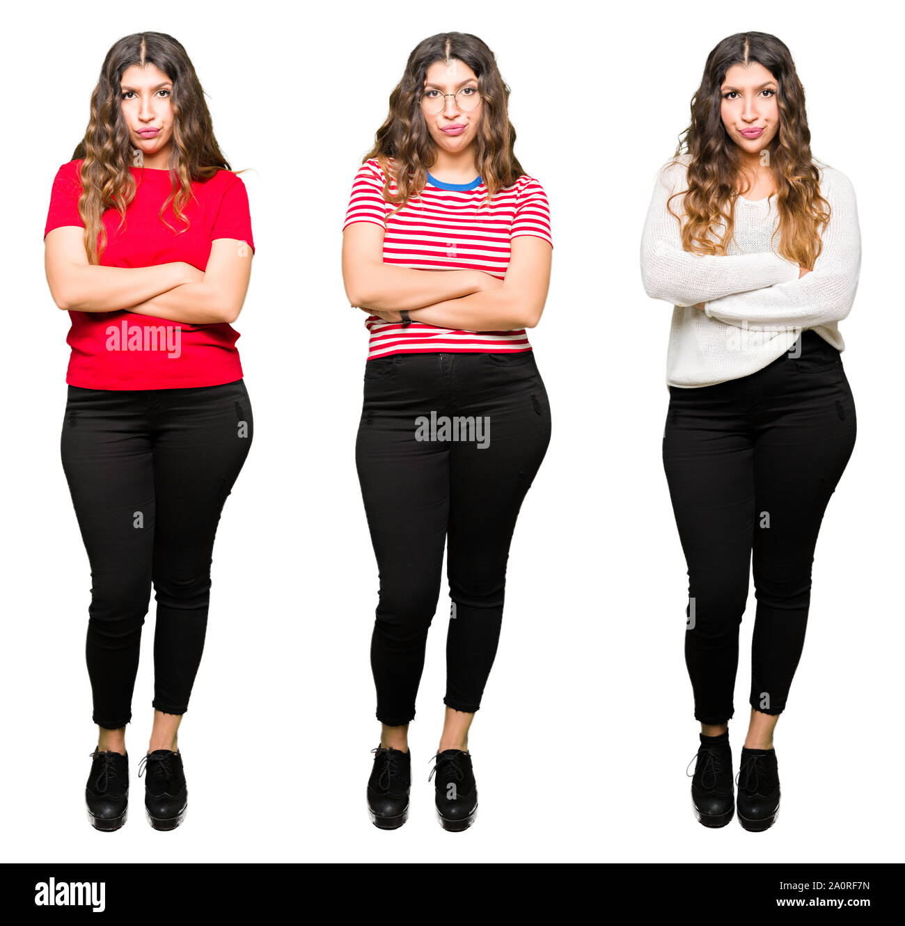 Collage of beautiful young woman over white isolated background skeptic ...