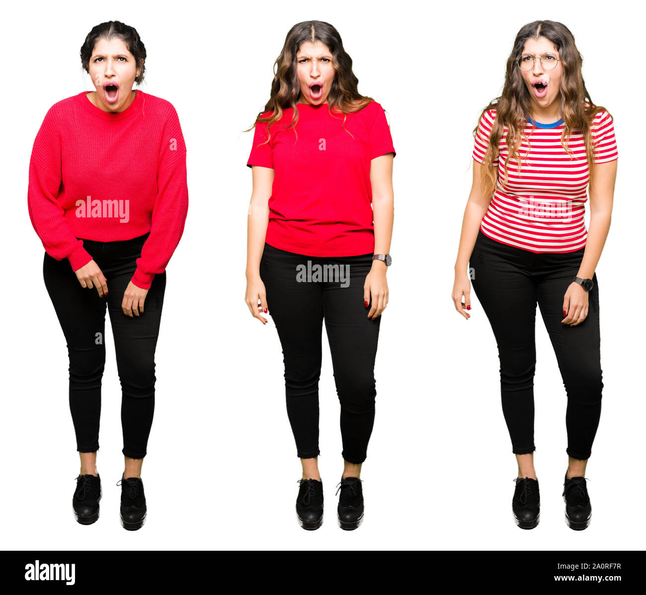 Collage of beautiful young woman over white isolated background In ...