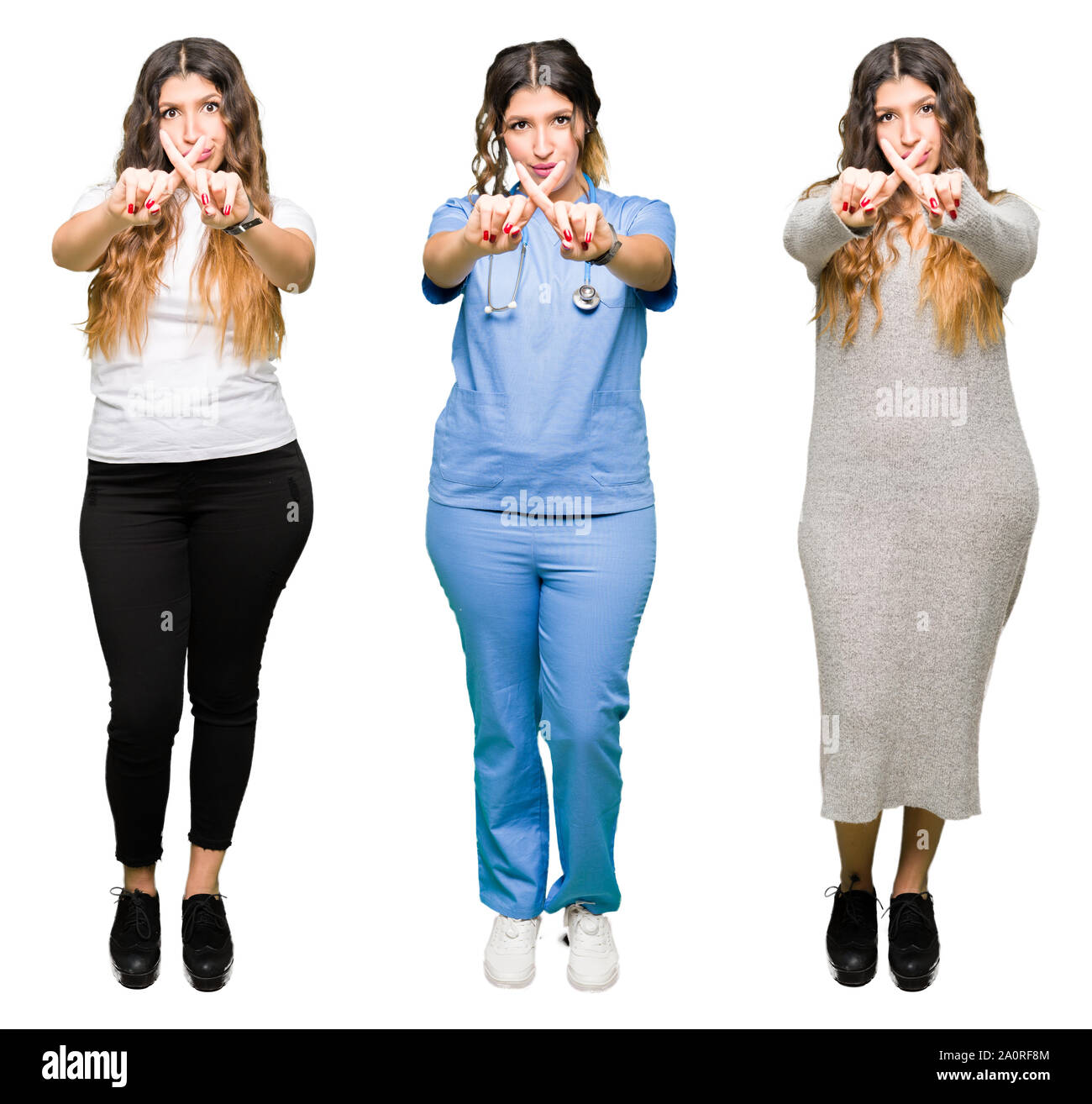 Collage of beautiful young woman over white isolated background ...