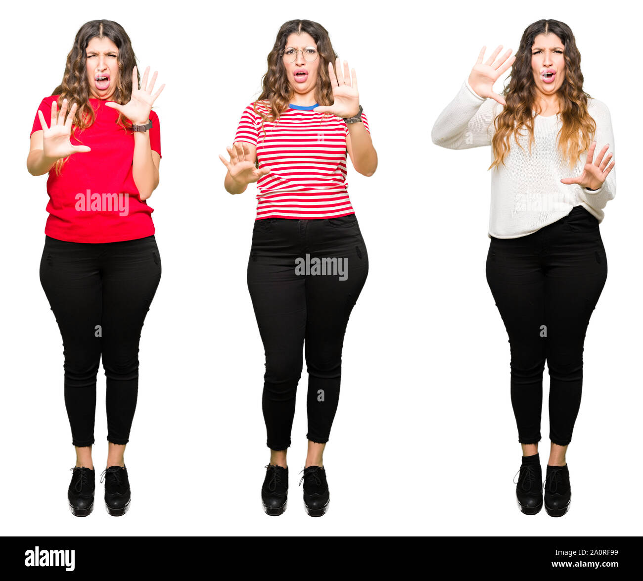 Collage of beautiful young woman over white isolated background afraid ...