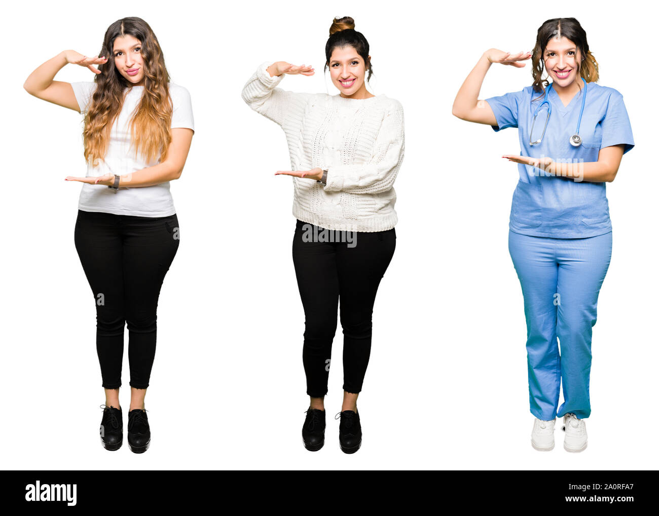 Collage of beautiful young woman over white isolated background ...