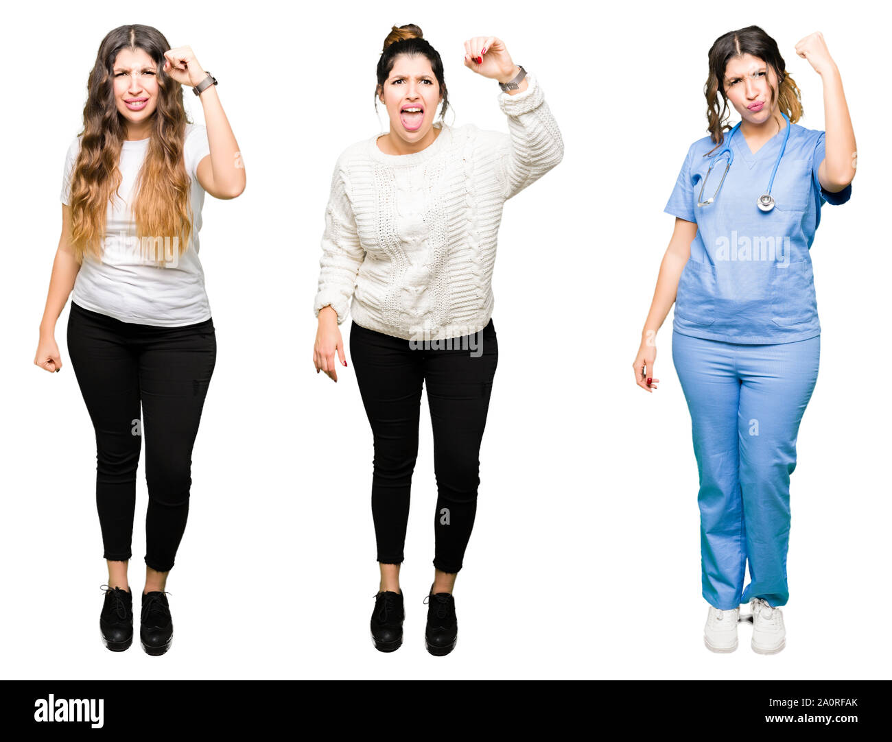 Collage of beautiful young woman over white isolated background angry ...