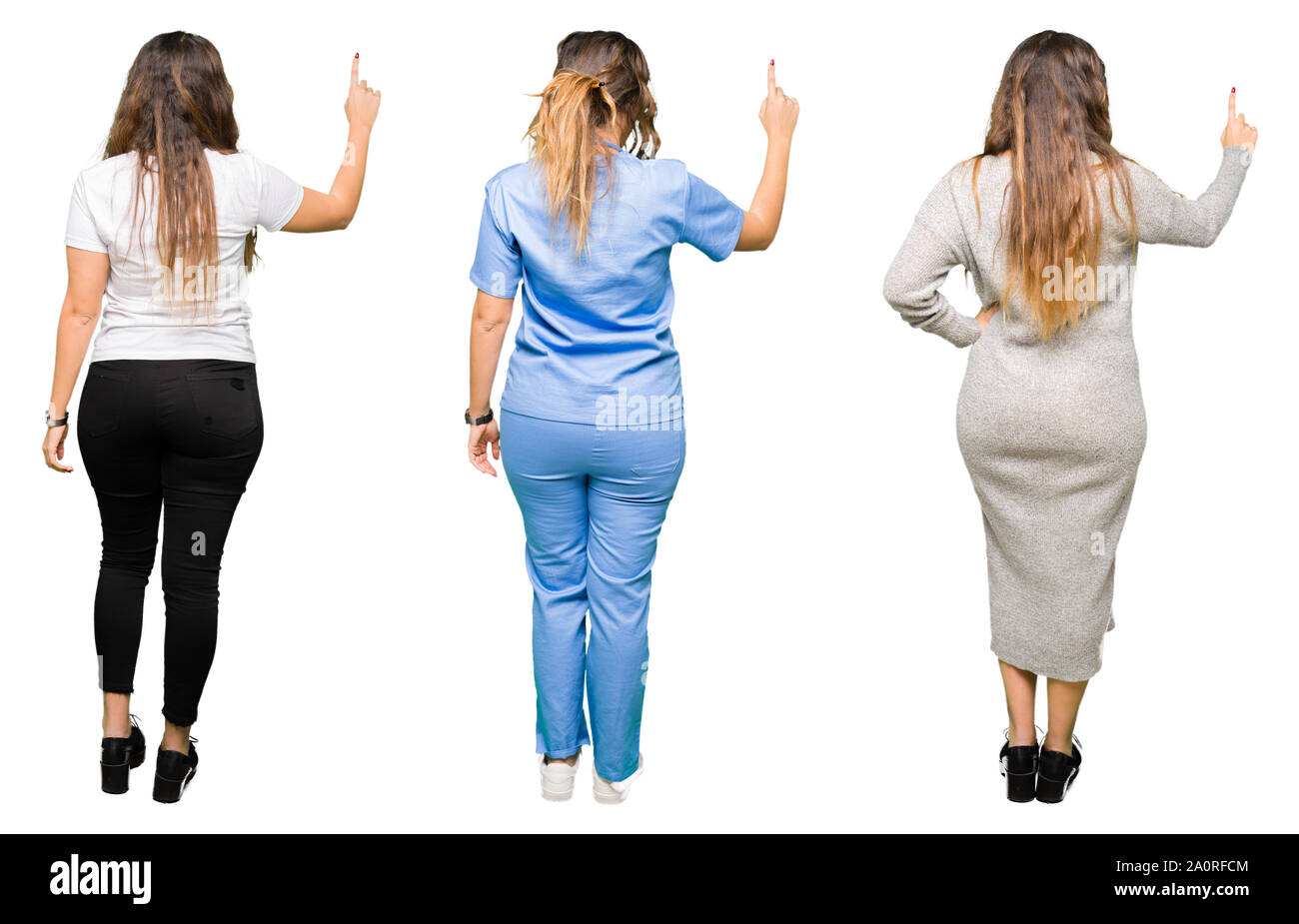 Collage of beautiful young woman over white isolated background Posing ...