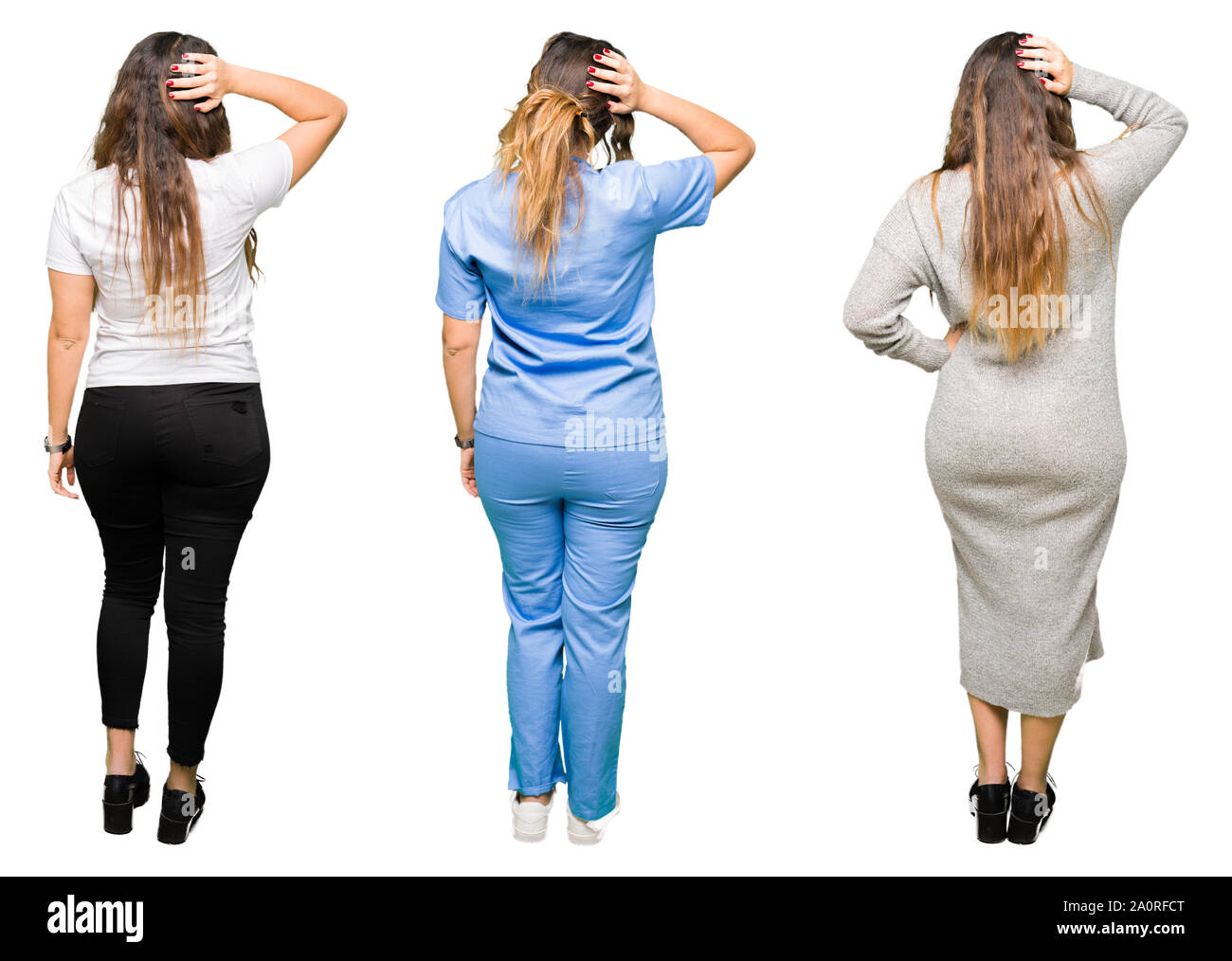 Collage of beautiful young woman over white isolated background ...