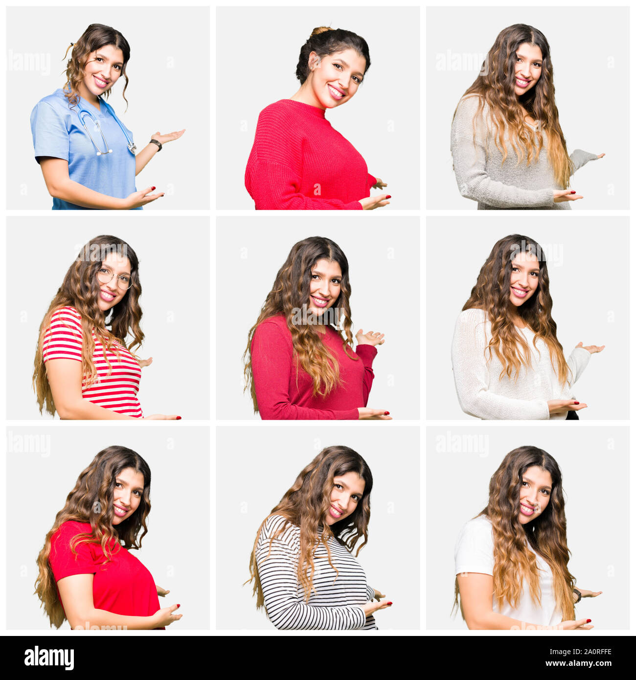 Collage of beautiful young woman wearing different looks over white ...