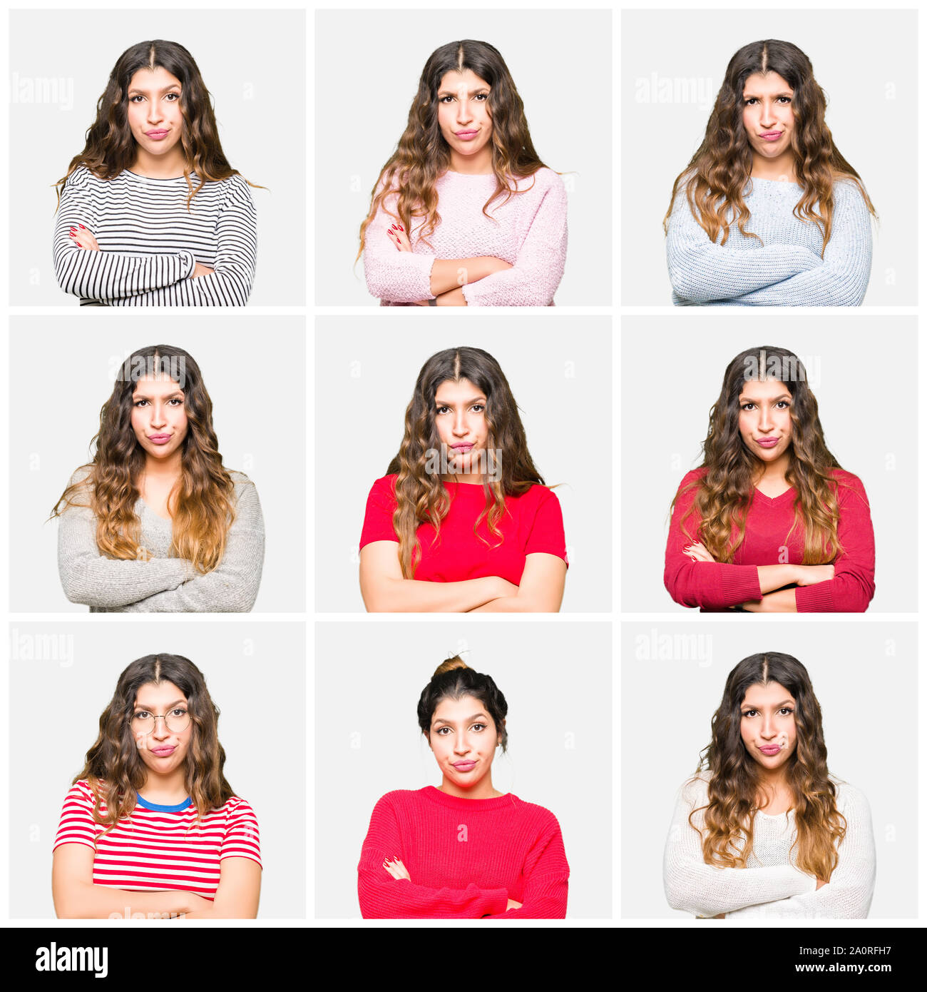 Collage of beautiful young woman wearing different looks over white ...