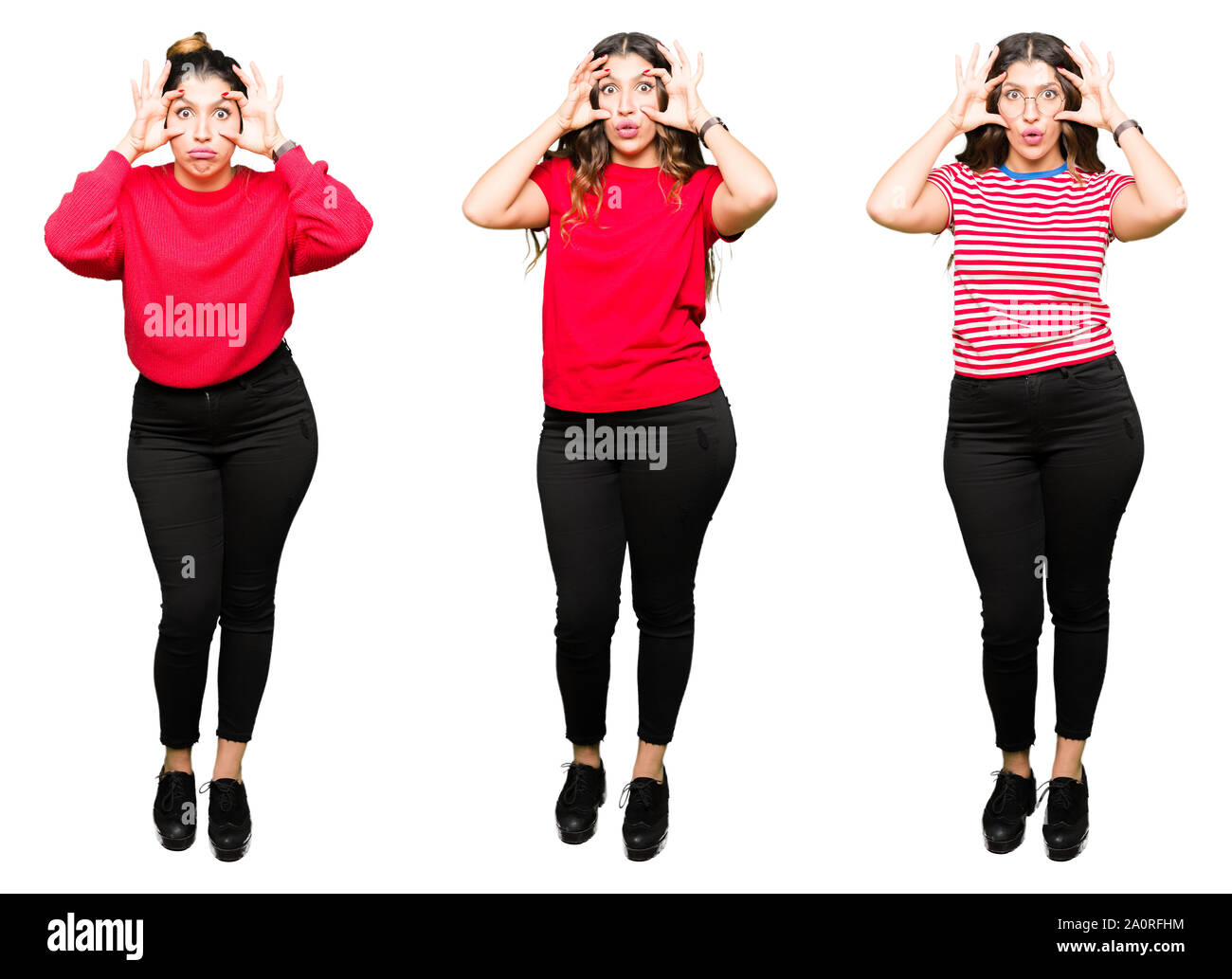 Collage of beautiful young woman over white isolated background Trying ...