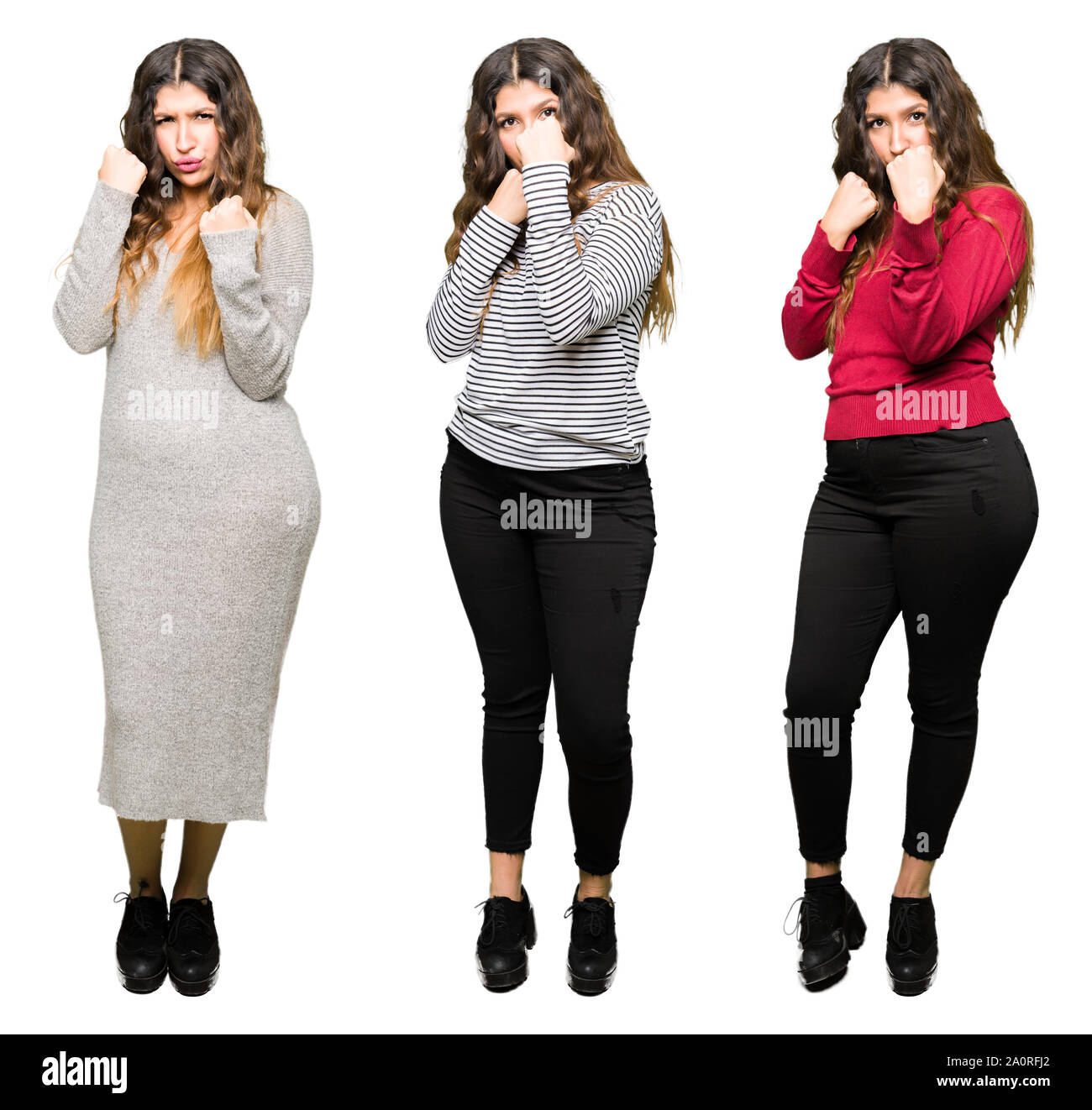 Collage of beautiful young woman over white isolated background Ready ...