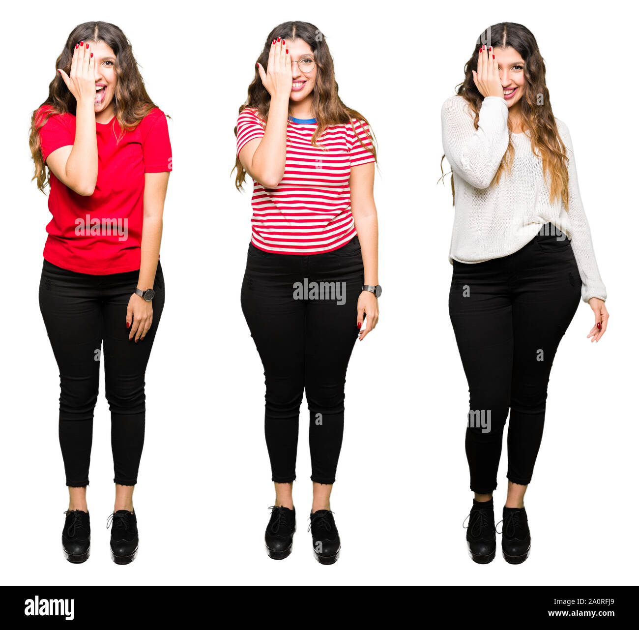 Collage of beautiful young woman over white isolated background ...