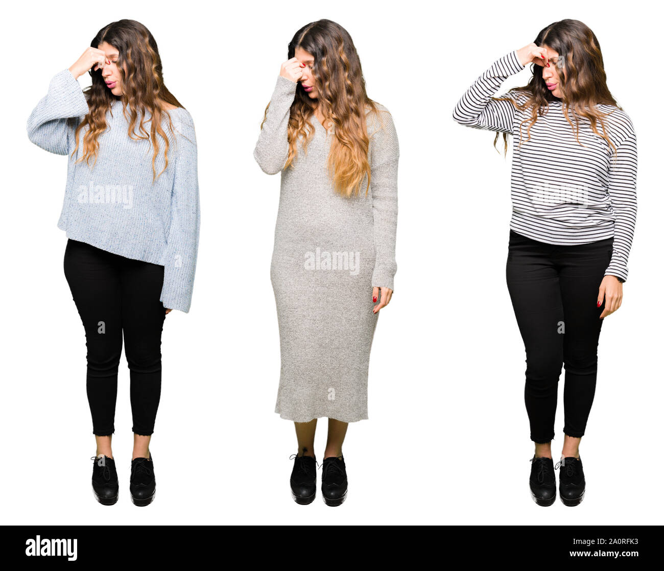 Collage of beautiful young woman over white isolated background tired ...